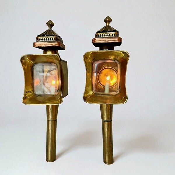 Pair Of Antique Brass And Copper Carriage Lamps | Vinterior