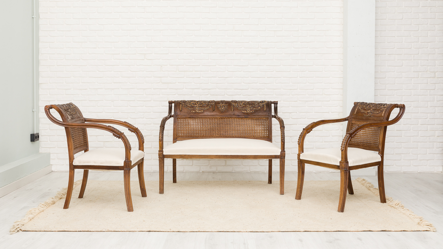 Hand Carved Chestnut Wood Tresillo | Vinterior