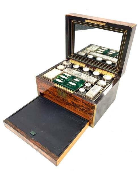Antique Coromandel Wood Dressing Vanity Box Sterling Silver Lid Bottles ...