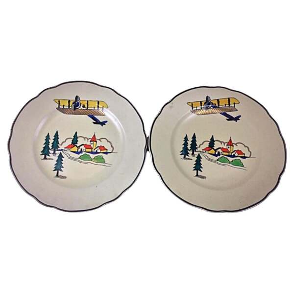 Pair Of Antique Hand Painted Longwy Plates "Vacance" Design, France ...