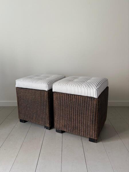 Pair Of Ottoman Stools Upholstered With Ticking Stripe Fabric, Vintage ...