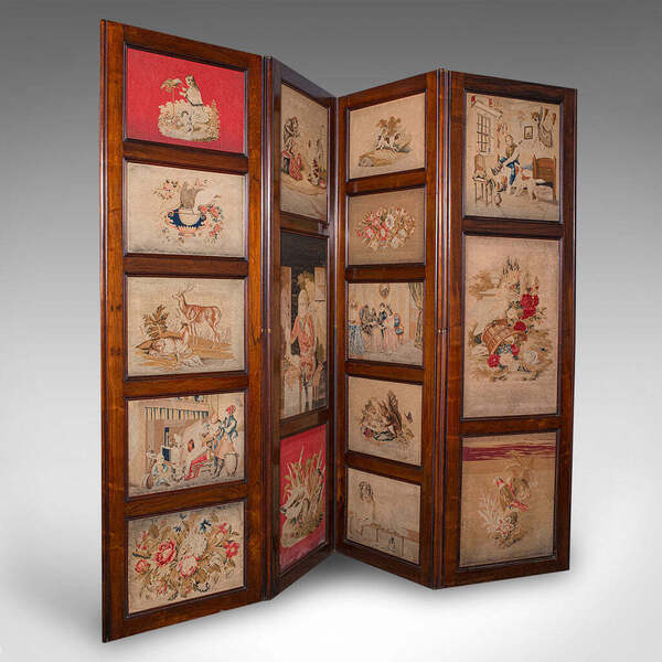Large Antique 4 Panel Privacy Screen, English Room Divider, Needlepoint ...
