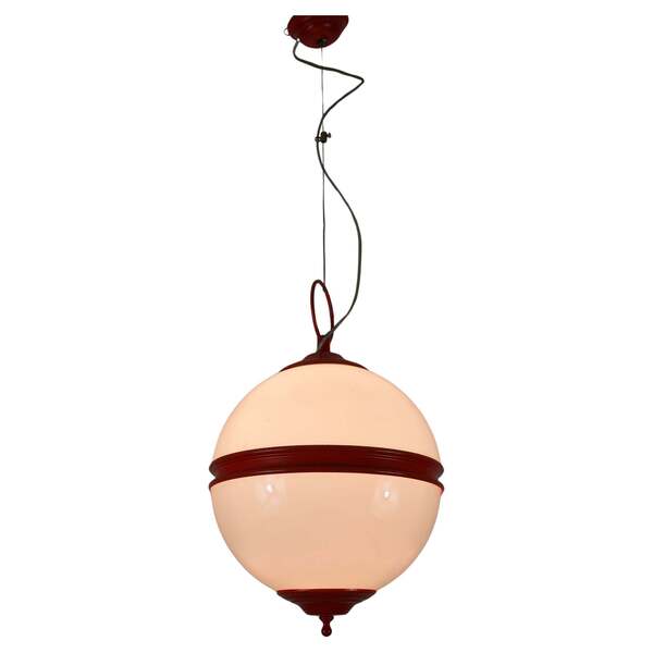 Mid Century Red Metal And Opal Glass Ceiling Lamp, Italy, 1960s | Vinterior