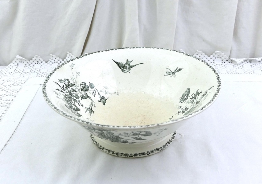 Large Antique French E Bourgeois Ironware Bowl With Bird Flower Pattern ...