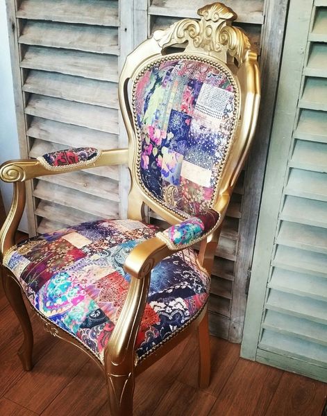 Gold Boudoir French Carver Chair In Printed Velvet Patchwork Pattern ...