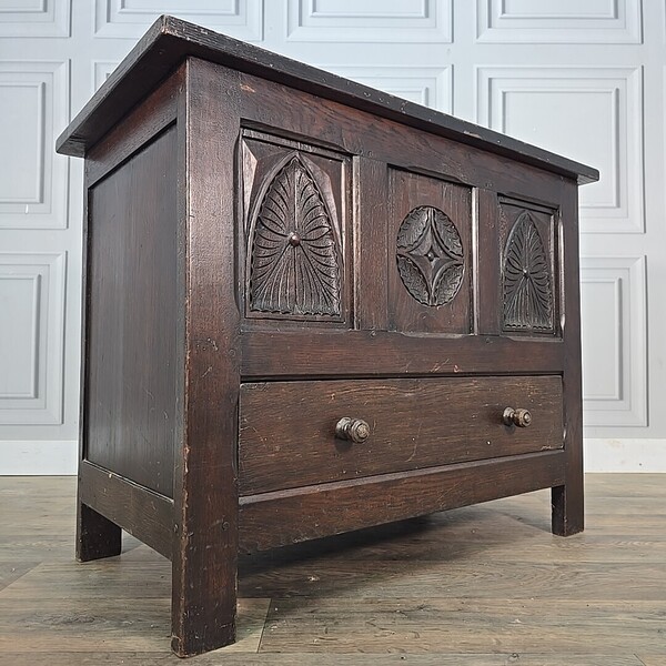 Antique Oak Coffer Storage Trunk Chest – Carved Panels – Box Drawers ...