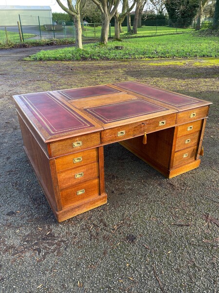 C19th Golden Oak Military Style Twin Pedestal Partners Desk | Vinterior