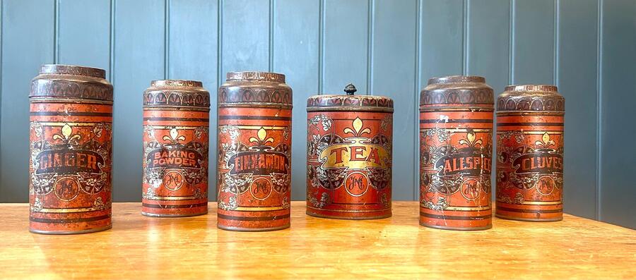 Set Of Vintage Kitchen Tin Tea Spice Antique Rack Canisters Metal Draw ...