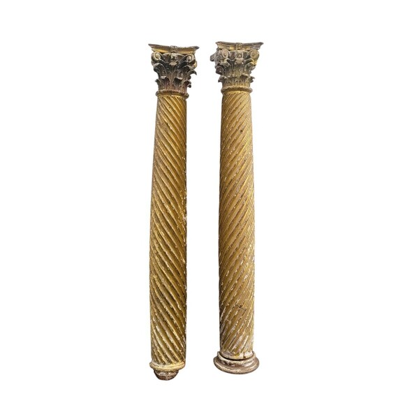 Pair Of Gilded And Carved Wooden Columns, 17th Century | Vinterior