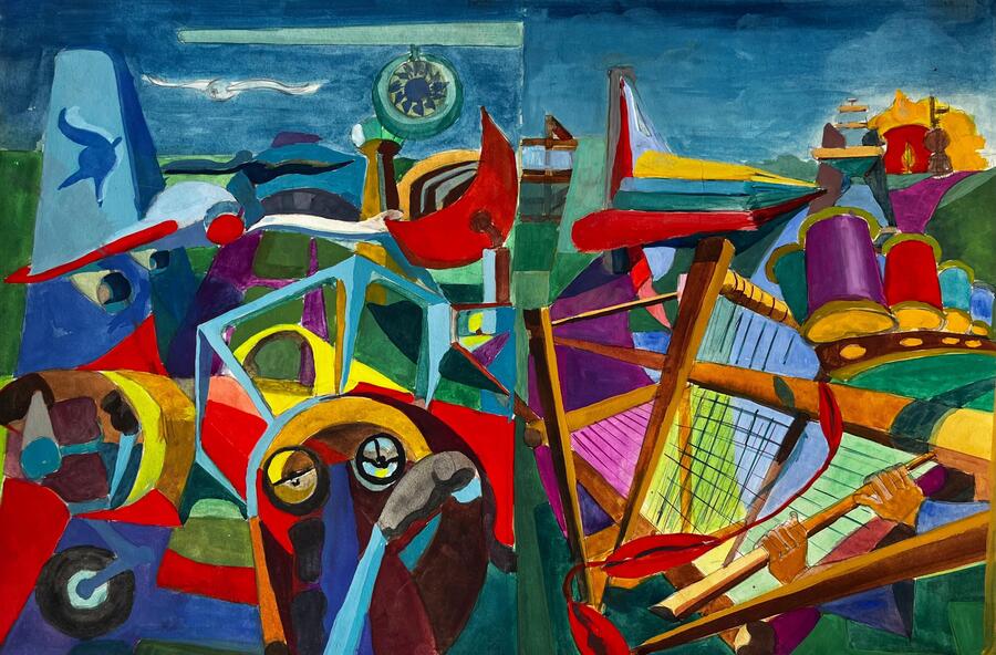 Guy Nicodcubist Aviation And Musical Scene With Airplanes Instruments ...