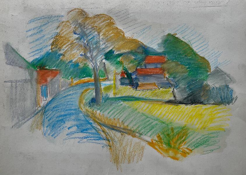 Guy Nicodpeaceful French Village Curve With Red Roofs And Tree Pastel ...