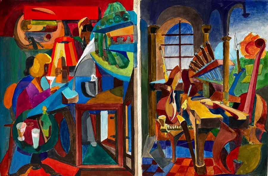 Guy Nicodcubist Interior Scene With Musical Instruments And Still Life ...