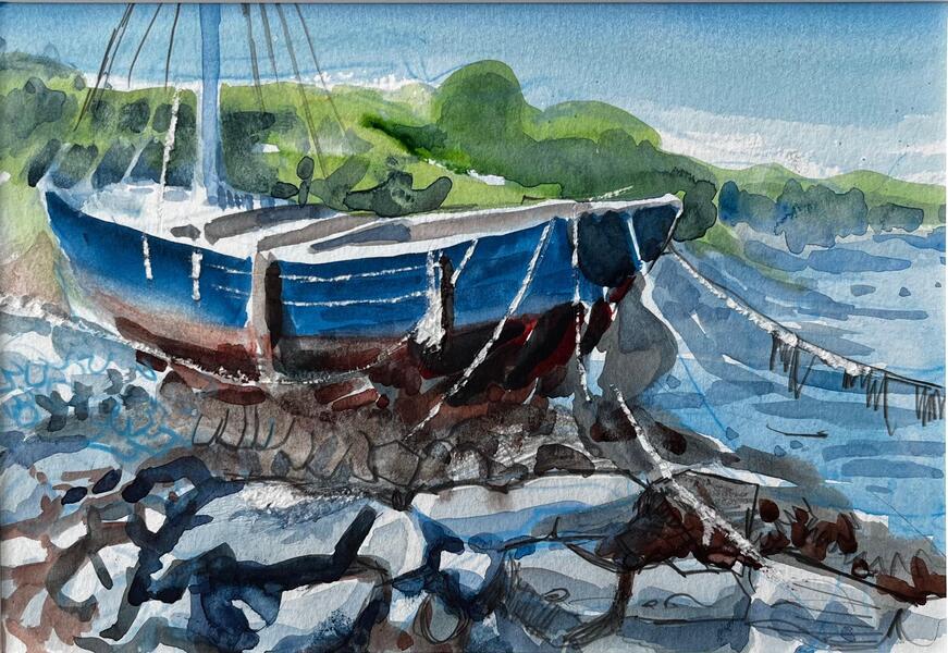 John Steane (B.1931)crete Harbour Beached Fishing Boat Greek Island ...