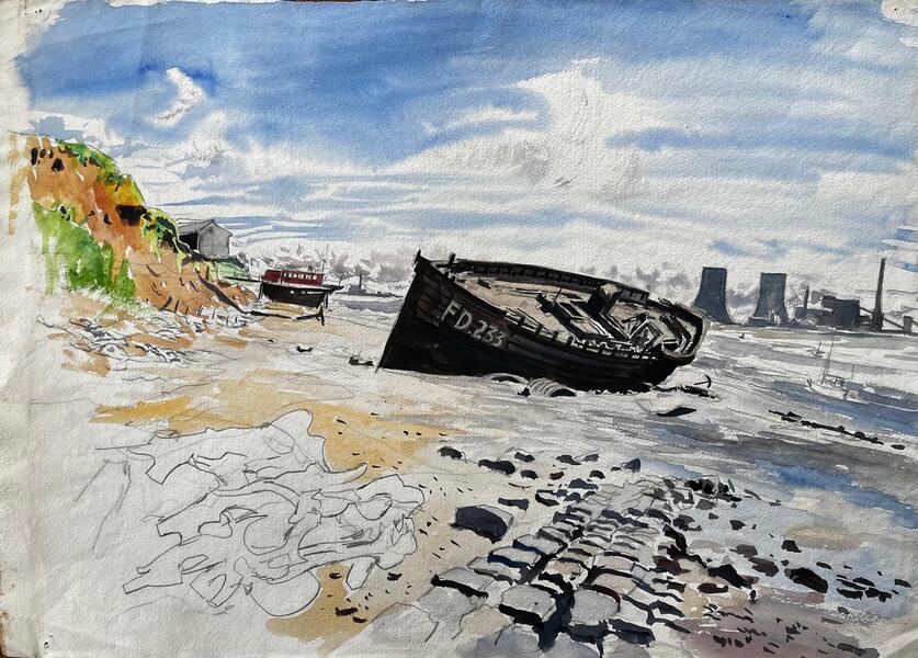John Steane (B.1931)beached Fishing Boat On Mersey Estuary Industrial ...