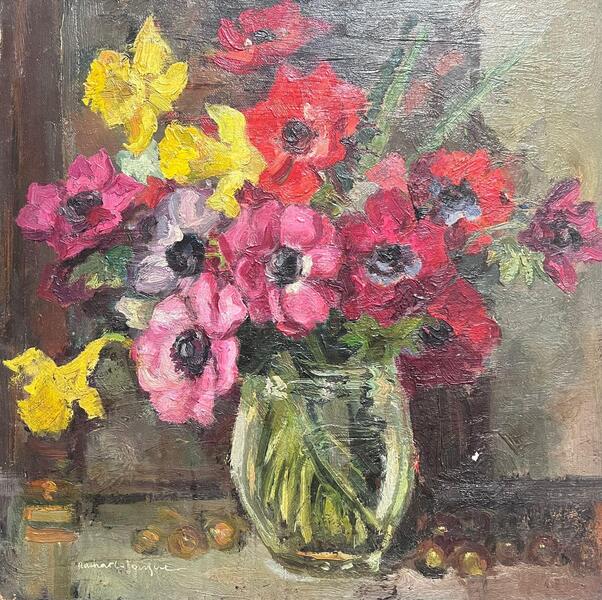 French Schoolfloral Still Life Of Bright Anemones In Glass Vase Mid ...