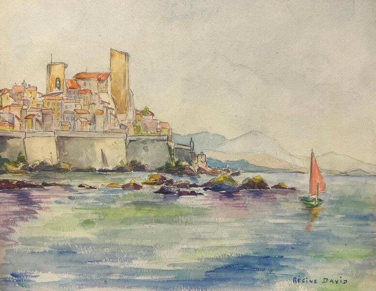 Regine Davidcoastal View Of Antibes With Red Sailed Boat Watercolor ...