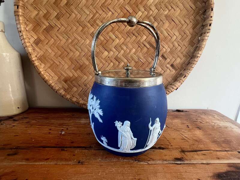 Antique Wedgwood Cobalt Blue Jasperware Biscuit Barrel Victorian Silver ...