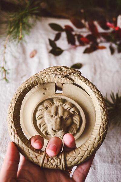 Antique French Cast Iron Door Knocker Lion Head Serpent Ouroboros 14cm ...