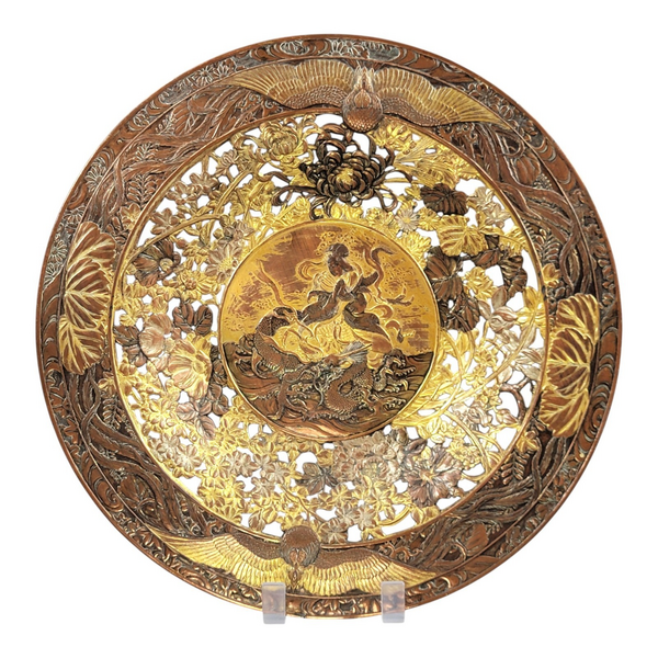 Japanese Openwork Brass And Mixed Metal Dish “Benzaiten And Dragon”, C ...