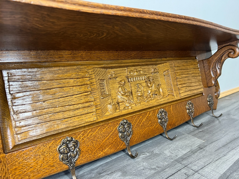 French Vintage Style Coat Rack Oak 6 Hooks Ornate Wall Shelf Coat Lot ...