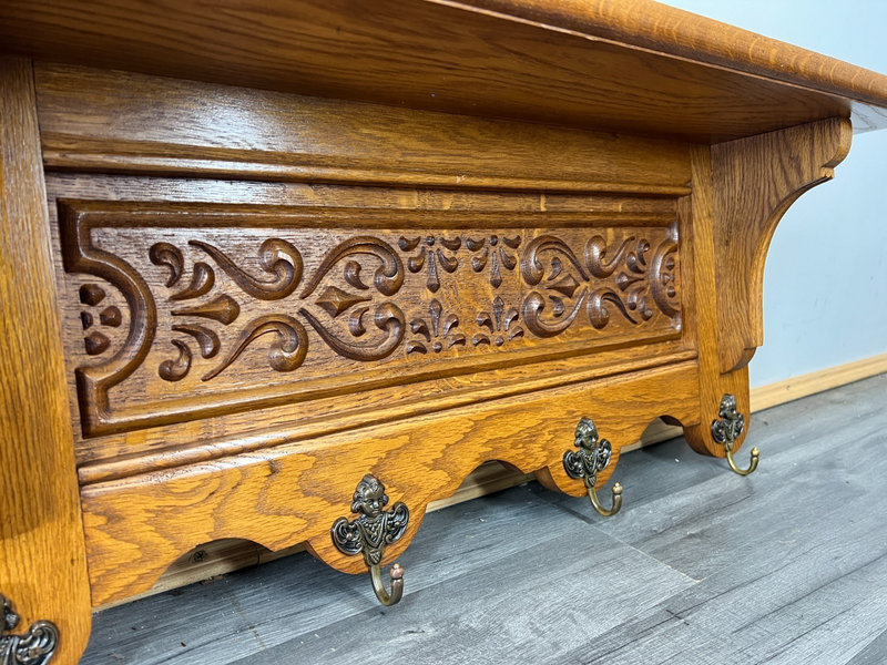 French Vintage Style Coat Rack Oak 4 Hooks Ornate Wall Shelf Coat Lot ...