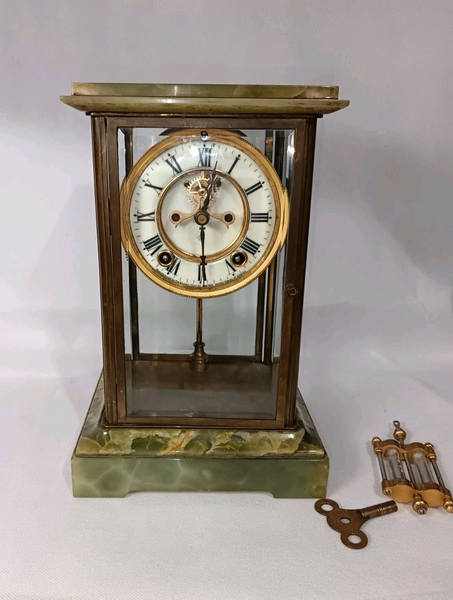Antique Ansonia “Count” Green Onyx & Crystal Regulator Mantel Clock ...