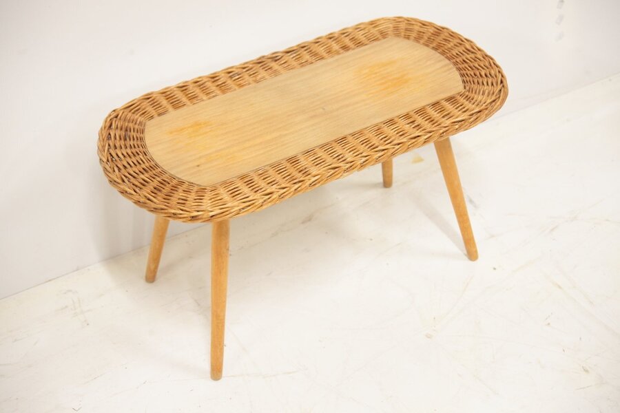 Mid Century Wicker Set Of Stool, Mirror And Coat Hanger, Former ...