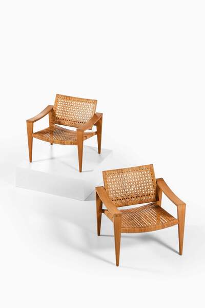 Pair Of Easy Chairs In Oak, Woven Cane, Brass And Leather By Hans ...