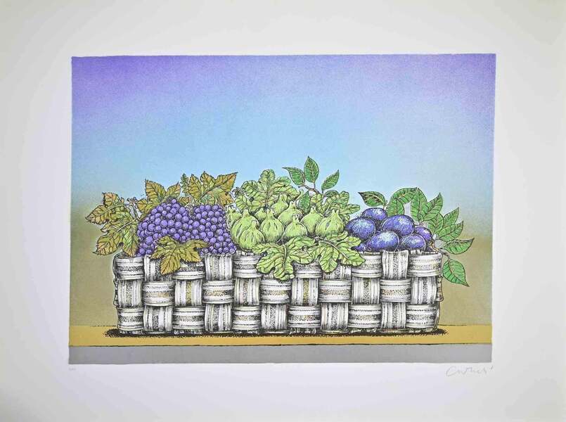 Bruno Carusostill Life With Basket Of Fruit Lithograph By Bruno Caruso ...