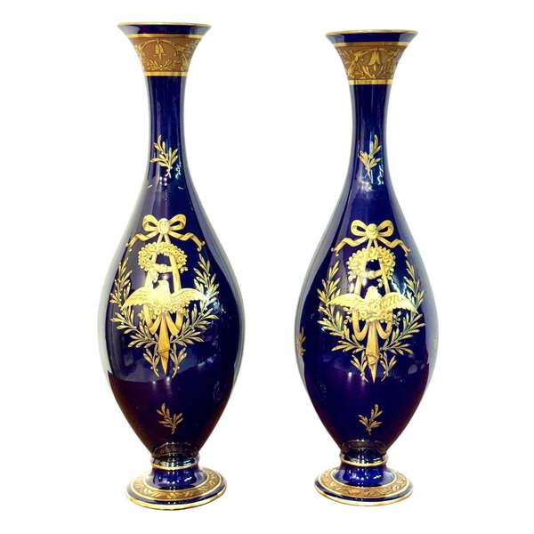 Rare Pair Of Cobalt Blue & Gilt Amphora Vases By Jaget & Pinon, Tours C ...