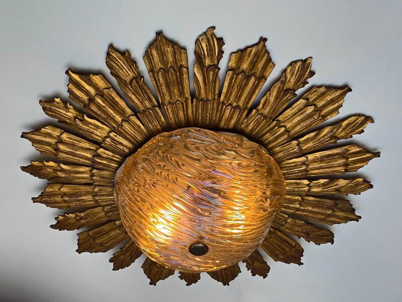 Italian Gilded Sunburst Ceiling Or Wall Light With Textured Glass Shade ...