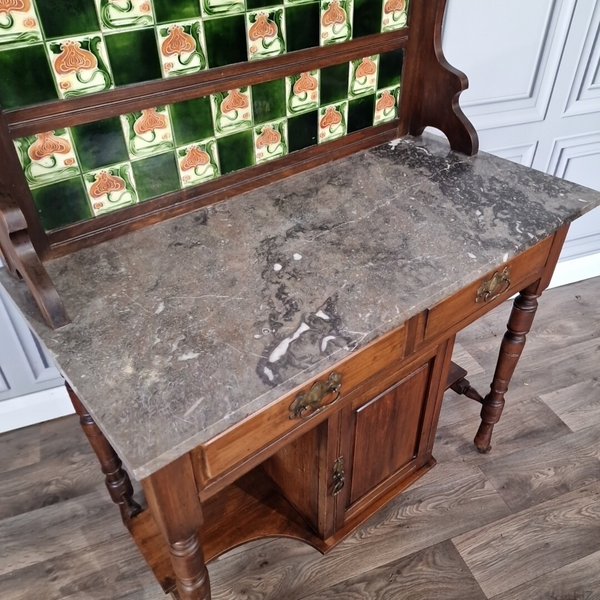 Antique Victorian Wash Stand Solid Wooden Marble Top Tile Back Dressing ...