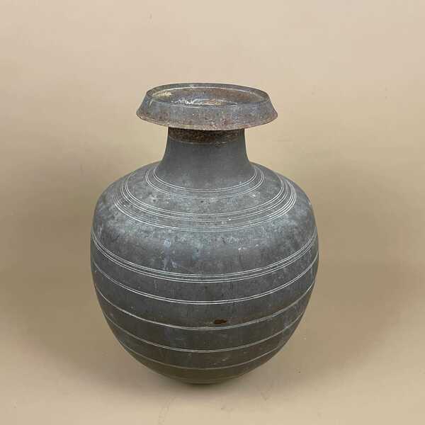 Antique Asian Metal Water Jar Hand Turned Ribbed Vessel Primitive Decor ...