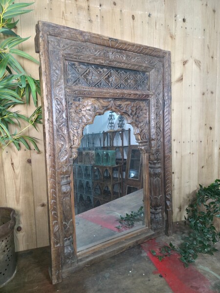 Large Vintage Reclaimed Indian Carved Arched Solid Wooden Temple Wall ...