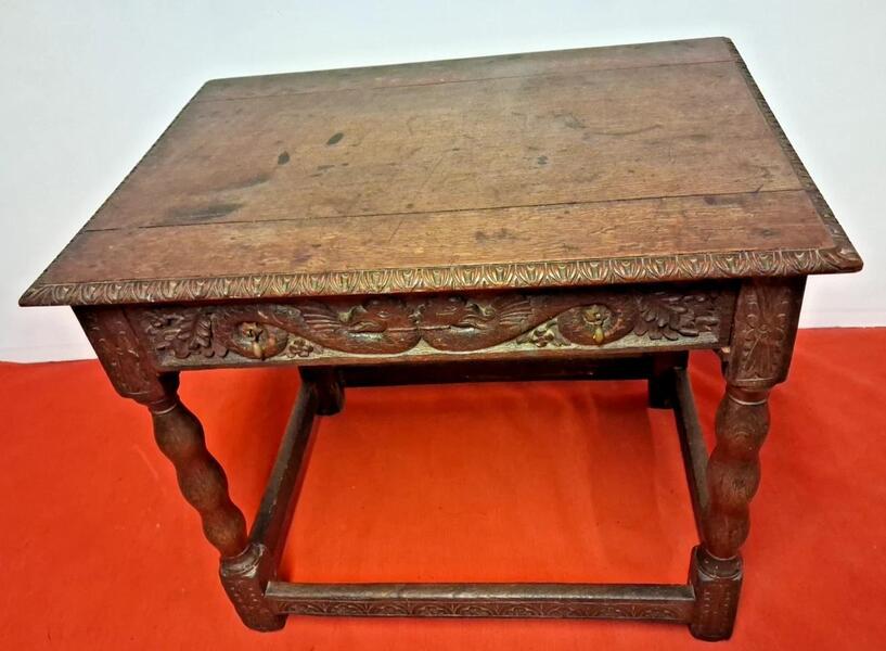 Antique Oak Side Table With Carved Mythical Creatures On Front With ...