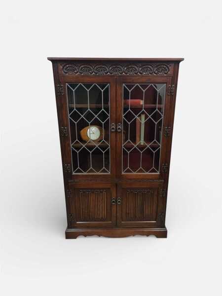 Vintage Old Charm Wood Bros / Oak Bookcase / Leaded Glass Doors / C1970 ...