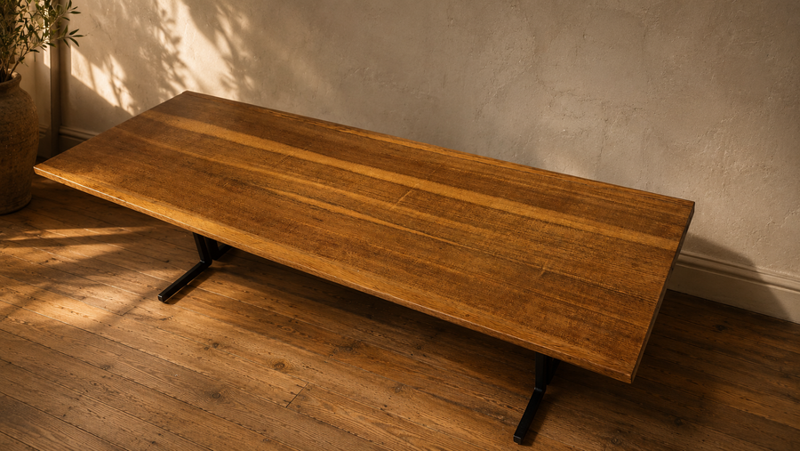 Vintage Rectangular Coffee Table With Wooden Top And Black Metal Base ...