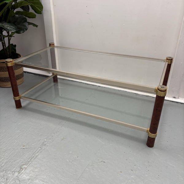 1980s Burr Walnut Brass Glass Two Tier Coffee Table Pierre Vandel Style ...