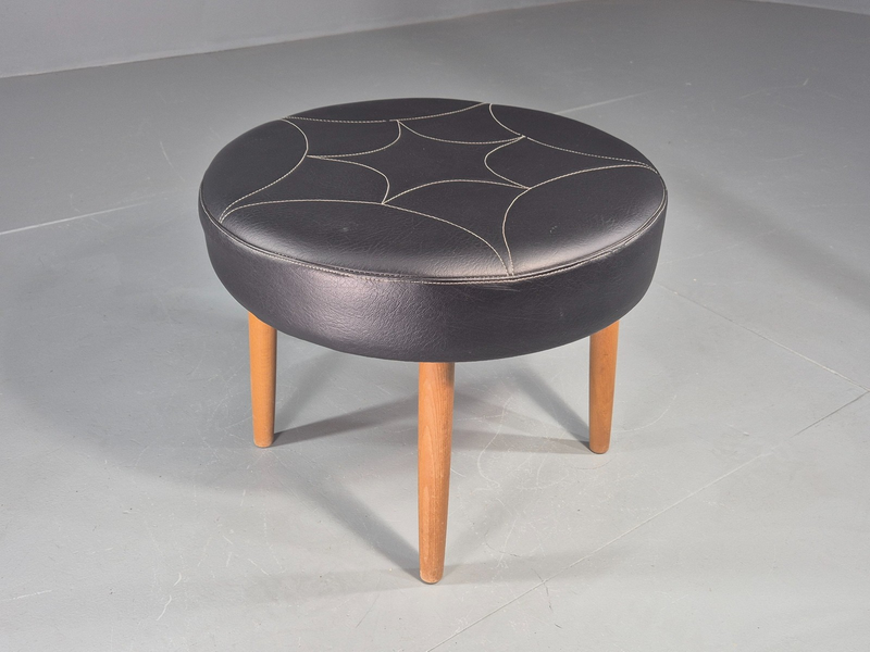 Vintage Danish Mid Century Footstool Black Vinyl Round Beech Legs Retro ...