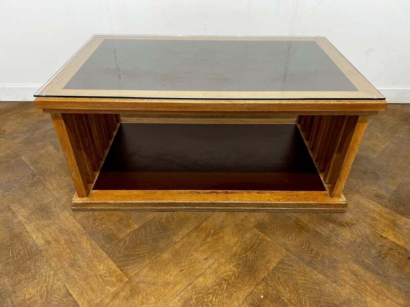 Oak Framed 2 Tier Coffee Table With Glass Top And Leather Inlay | Vinterior