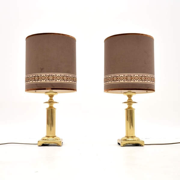 Pair Of Vintage Brass Table Lamps With Velvet Shades | Vinterior