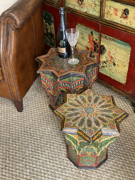 Stunning Pair Of Moroccan Antique Painted Side Tables | Vinterior