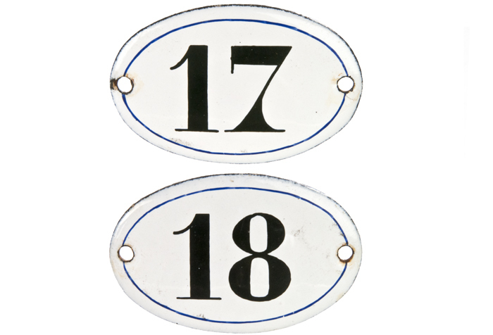 Vintage French Enamel Hotel Room Numbers 17, 18 in White | Vinterior