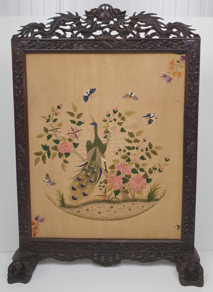 19th Century Chinese Mahogany Fire Screen With Silk Embroidered Panel ...