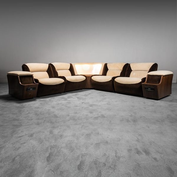 4 Seater Radio Sofa In 1970s Vintage Modern Velvet | Vinterior