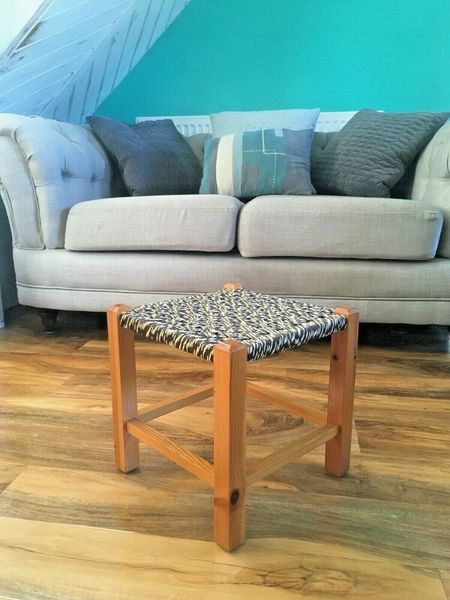 Brown & Yellow Retro Woven Raffia String Pine Footstool Mid Century ...