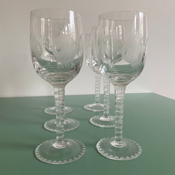 Set Of Six Fish Etched Wine Glasses | Vinterior