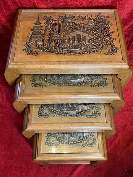 Oriental Teak Nest Of Four Tables With Mudiao Fretwork Temple Landscape ...