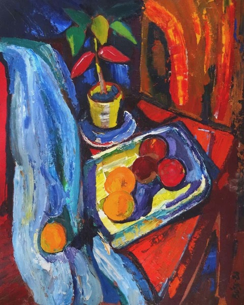 Valdis Bush Still Life With Blue Drapery And Fruits 1980, Oil On ...