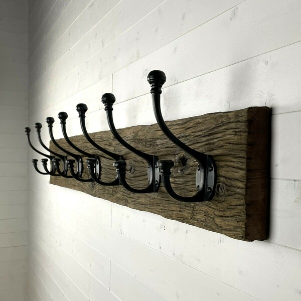 Antique Oak Hook Board With 7 Victorian Style Cast Iron Coat Hooks ...